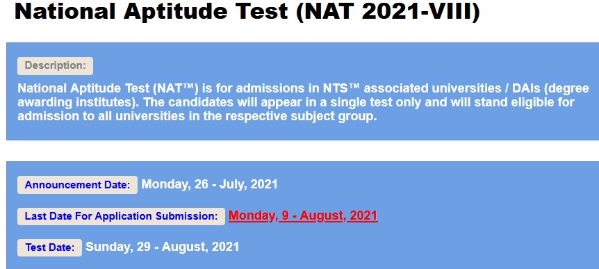 National Aptitude Test NAT 2021-VIII NTS Apply Online Roll No Slip ... National Aptitude Test NAT 2021-VIII NTS Apply Online Roll No Slip ...